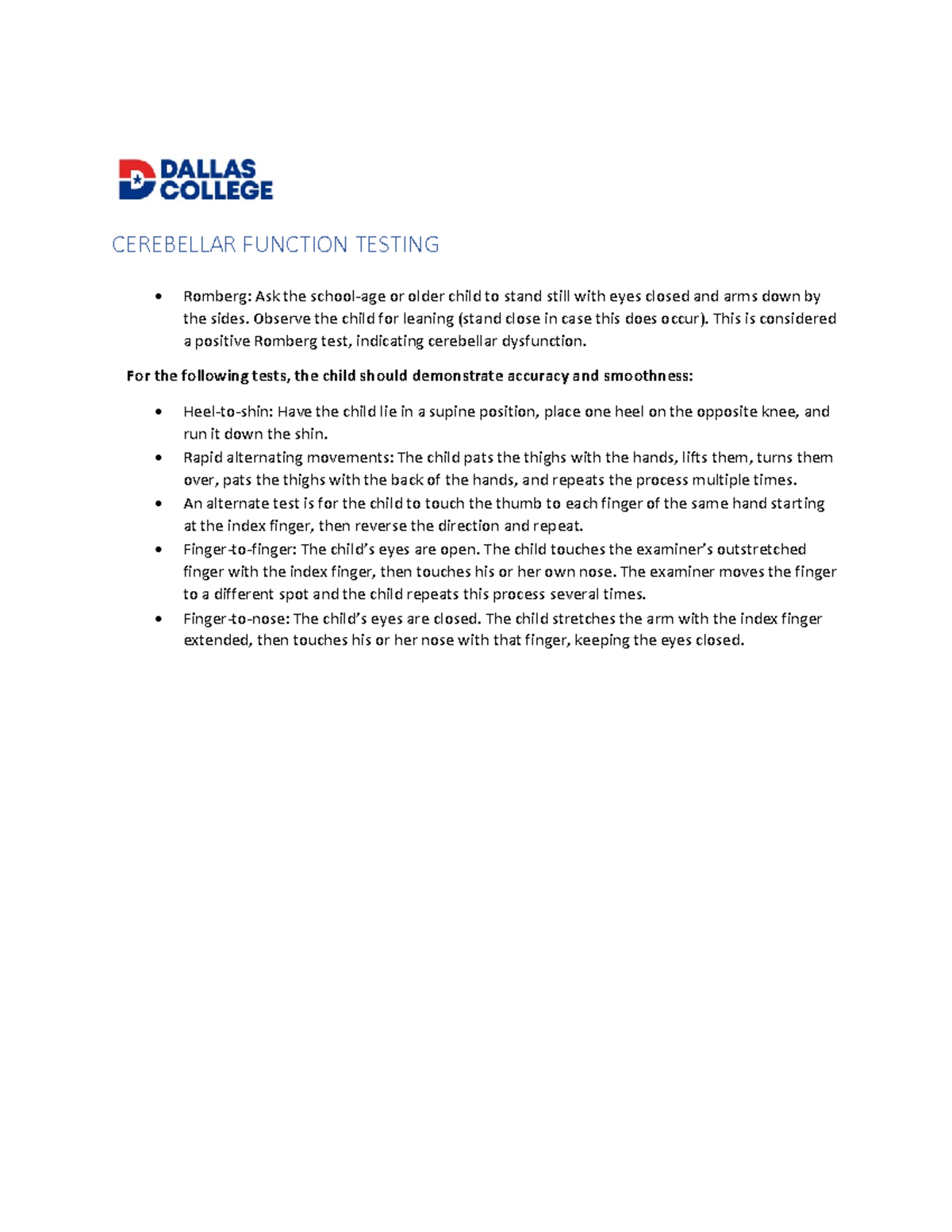 Cerebellar Function Testing(Pediatric (SU21) - CEREBELLAR FUNCTION ...