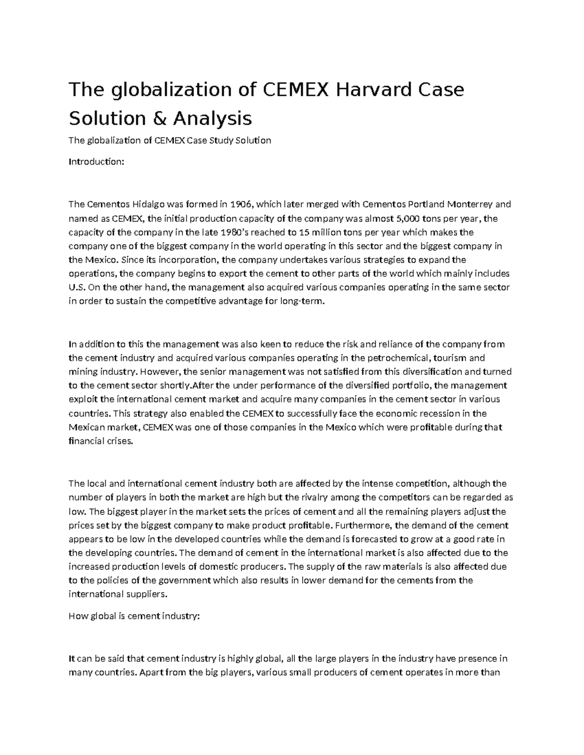 Cemex Case Analysis - Essay - The globalization of CEMEX Harvard Case Solution & Analysis The ...