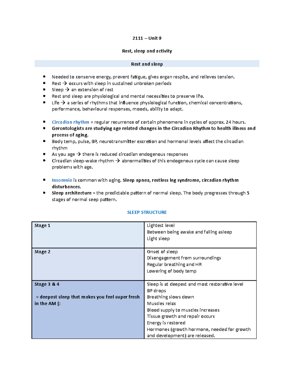 2111 Unit 9 - Ch. 10 - Sleep and rest - 2111 – Unit 9 Rest, sleep and ...