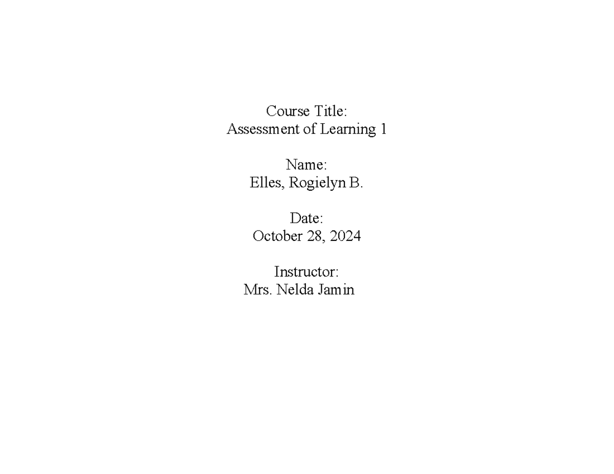 Portfolio IN Profed - Course Title: Assessment of Learning 1 Name ...