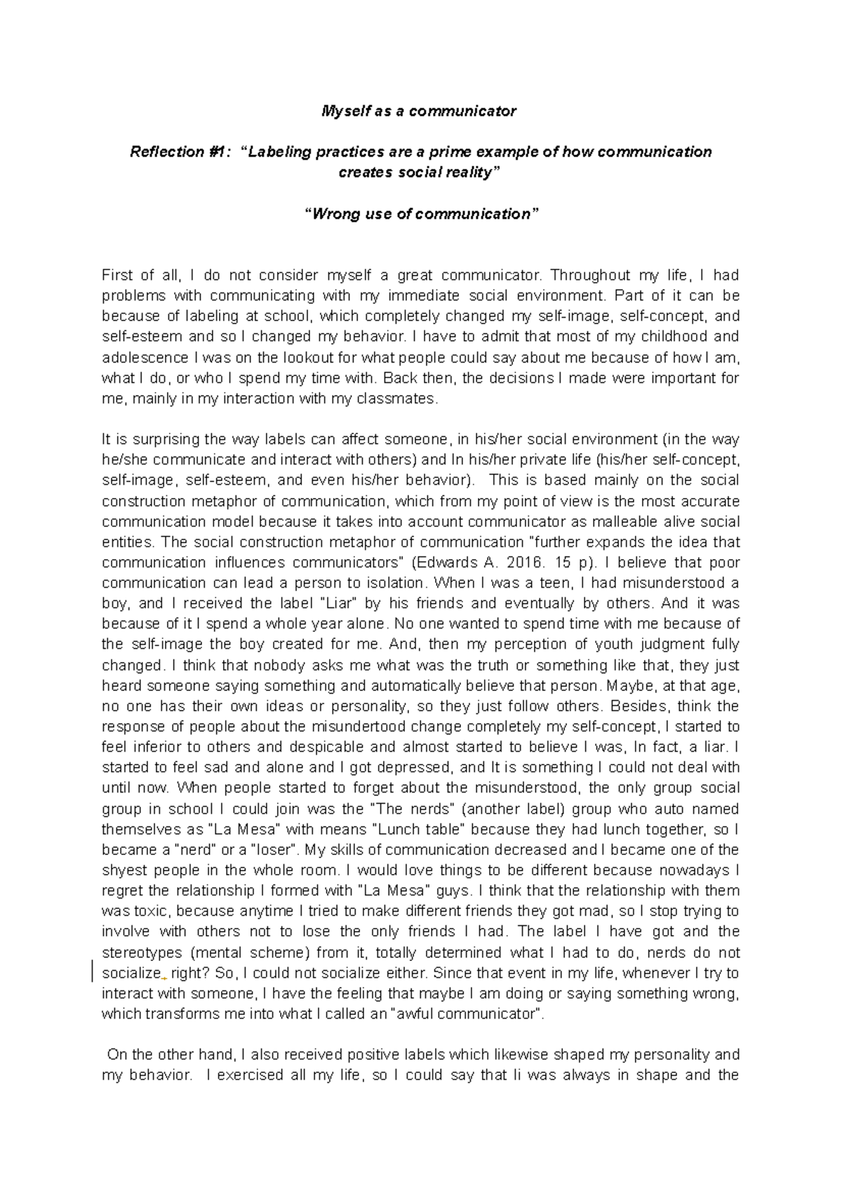 My self as a communicator perception and self - Myself as a ...