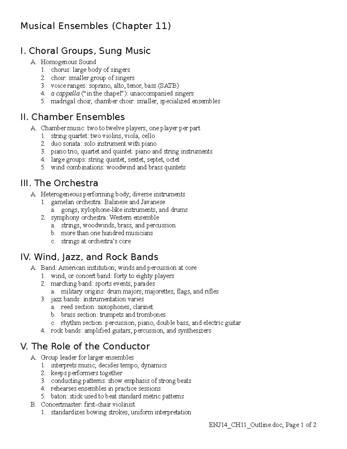 ENJ14 CH11 Outline - Musical Ensembles (Chapter 11) I. Choral Groups ...