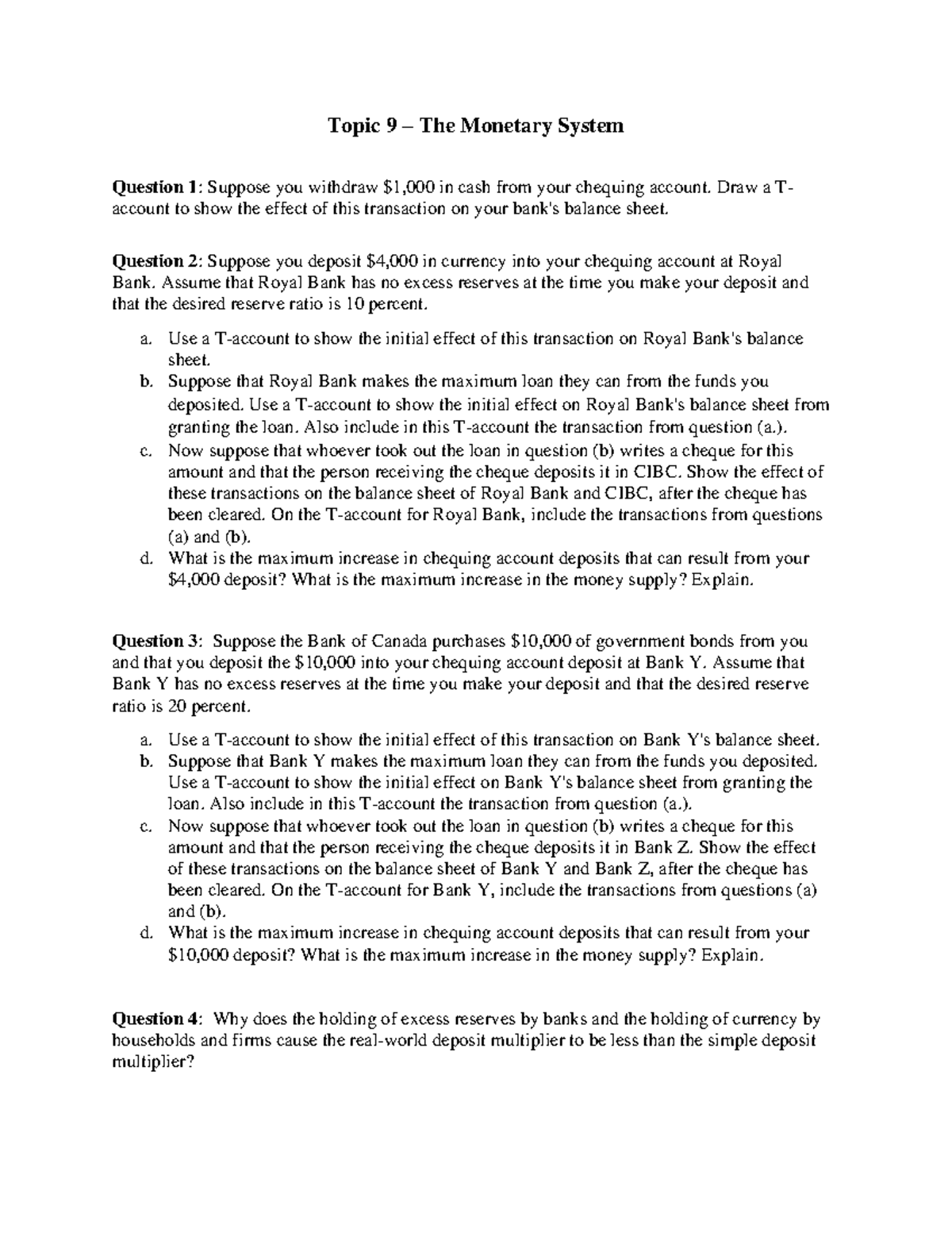 Topic 9 - The Monetary System - Questions - Topic 9 – The Monetary ...