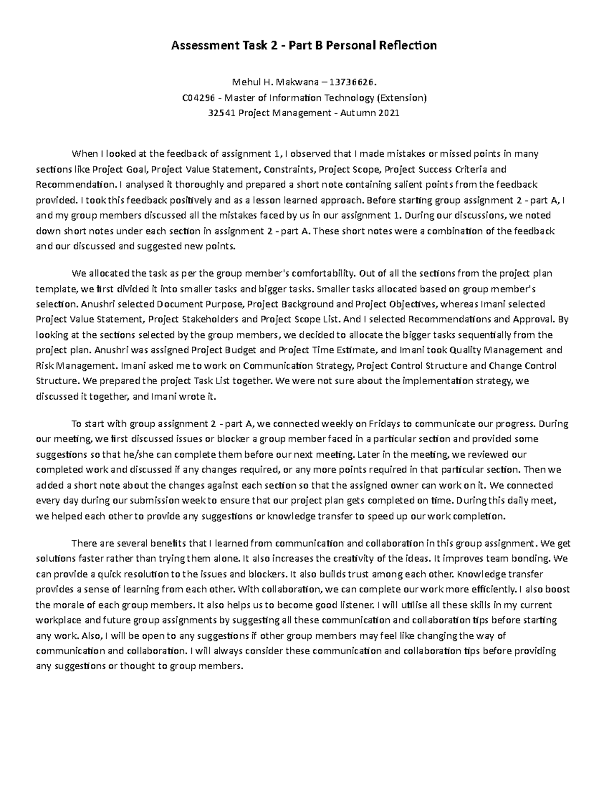 32541 Assessment Task 2 - Part B Personal Reflection 13736626 ...