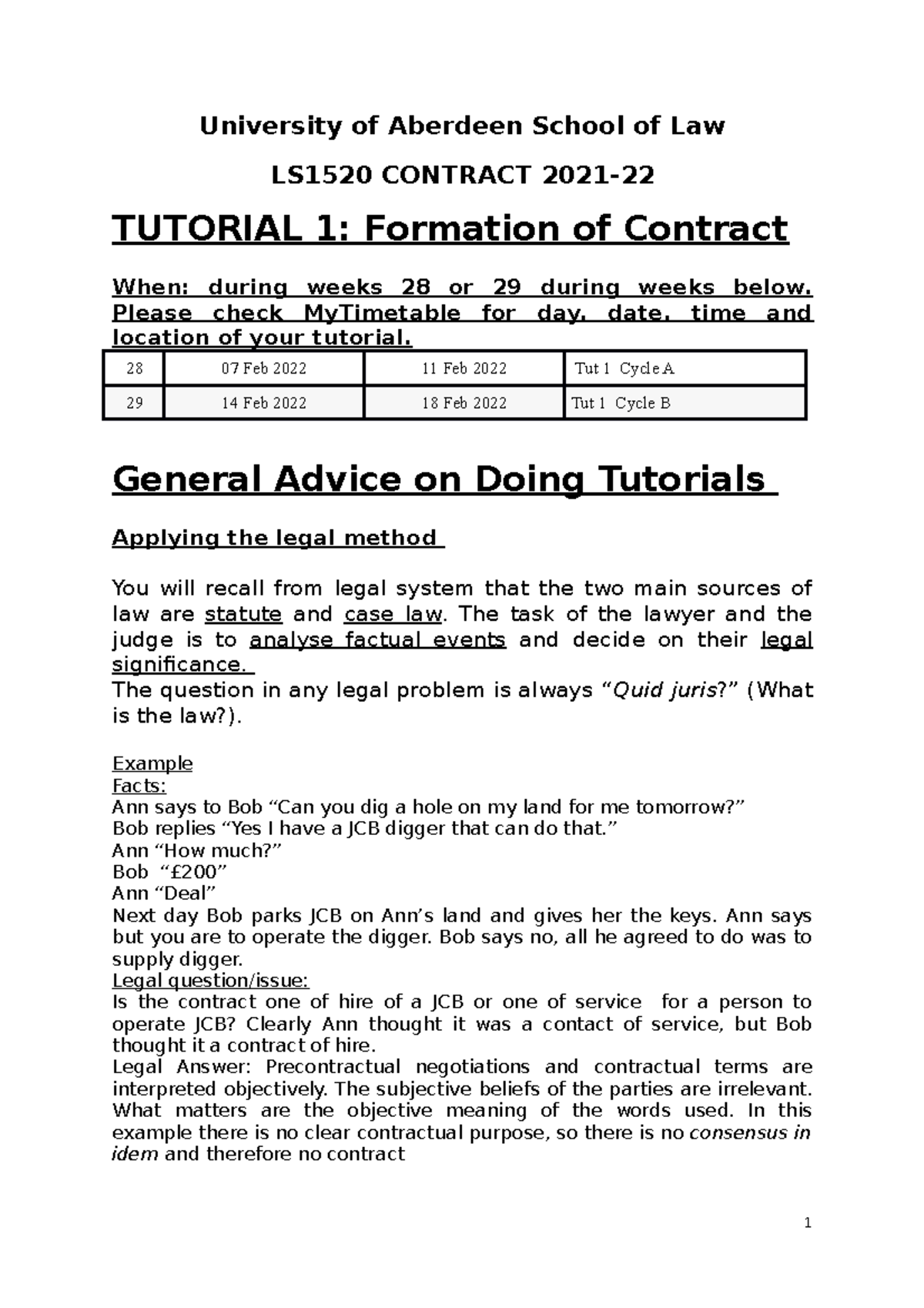LS1520 Contract 2122Tutorial Problem 1 - University of Aberdeen School of Law LS1520 CONTRACT ...