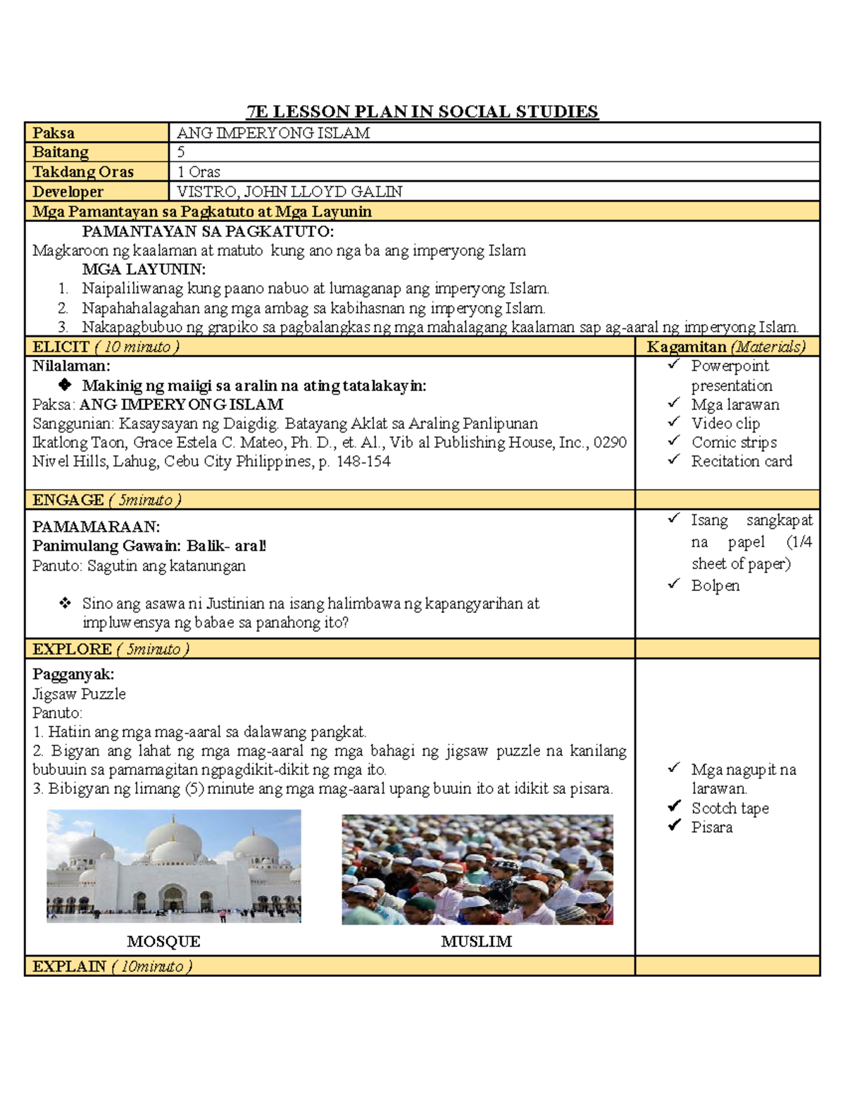 JOHN Lloyd G. Vistro (7E Lesson PLAN AND Demonstration PLAN IN Social ...