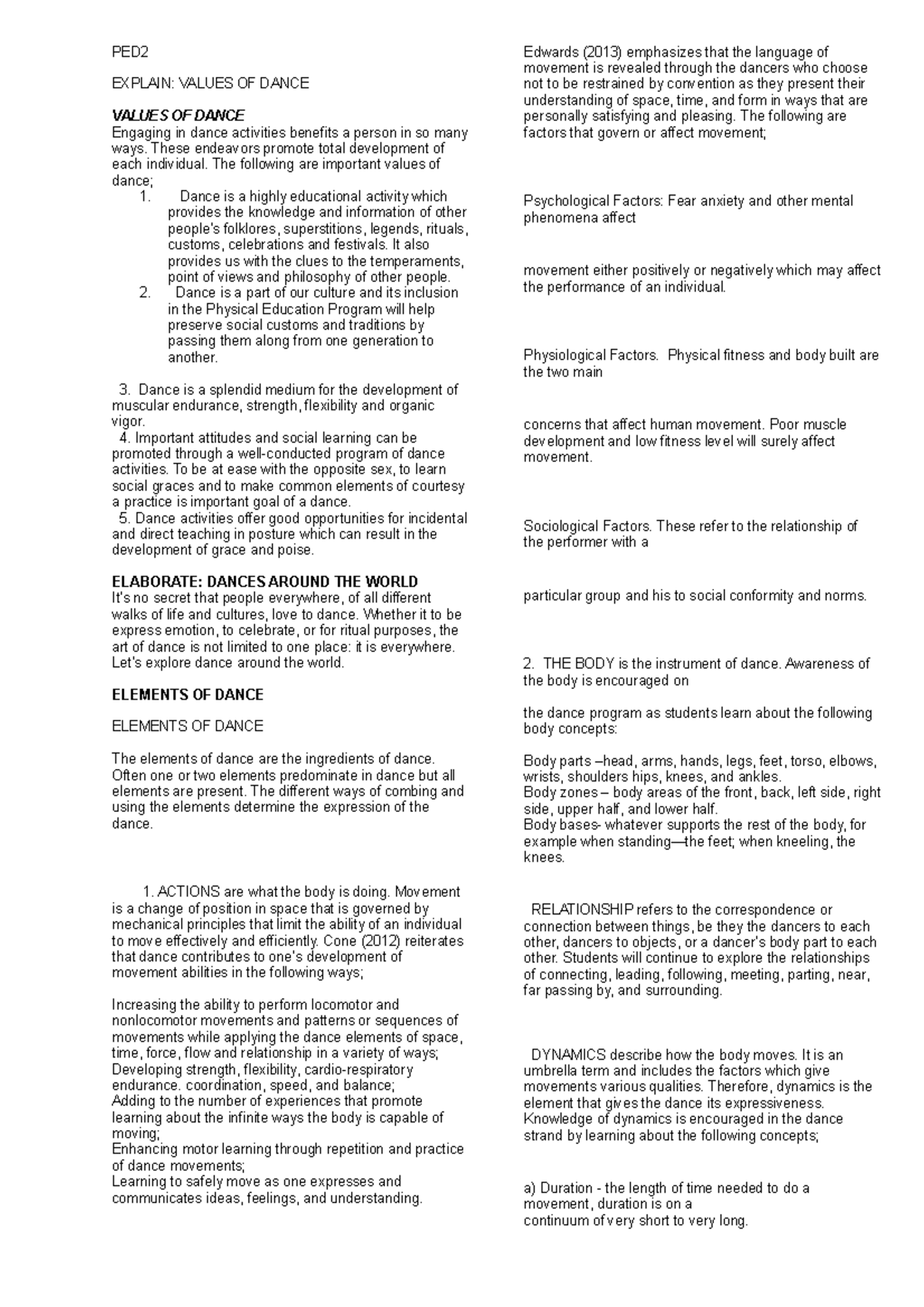 PED2 Dance - Lecture notes Module 1 to 4 - PED EXPLAIN: VALUES OF DANCE ...