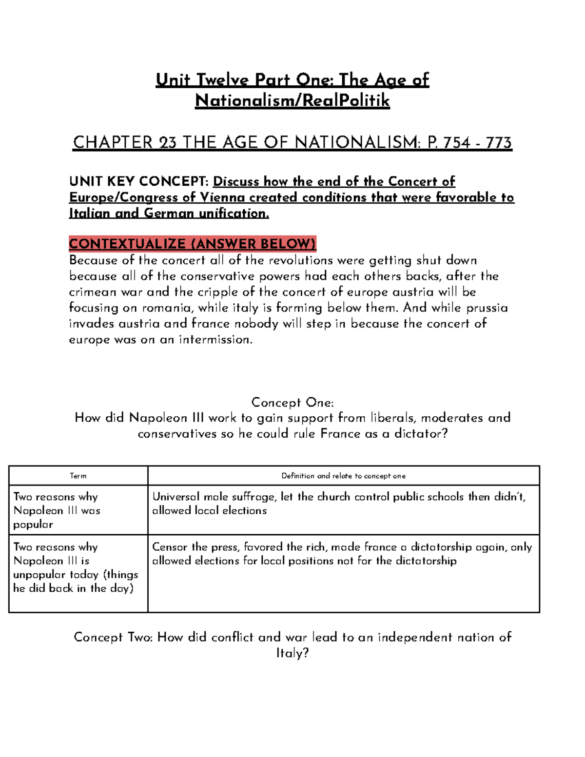 Unit 12 pt 1 - real politik outline - Unit Twelve Part One: The Age of ...