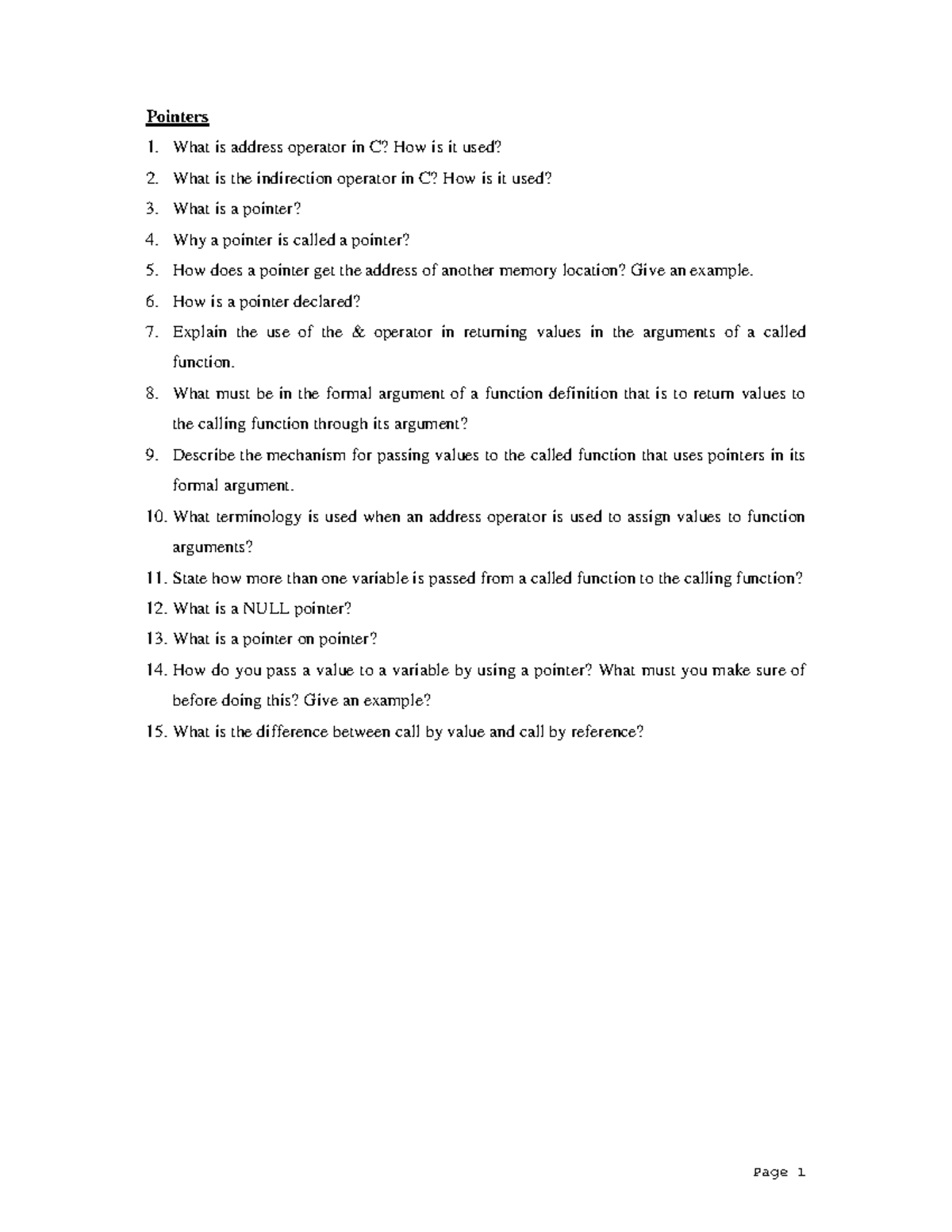 5 - Pointers - Questions - Page 1 Pointers What is address operator in ...