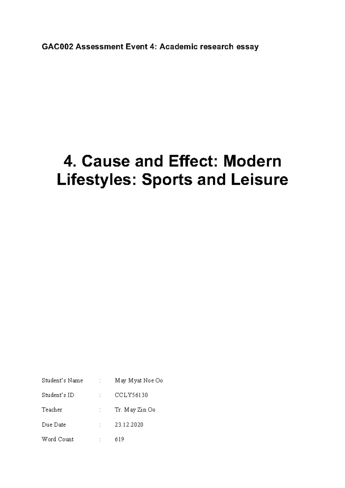 AE4 edited essay - Cause and Effect: Modern Lifestyles: Sports and ...