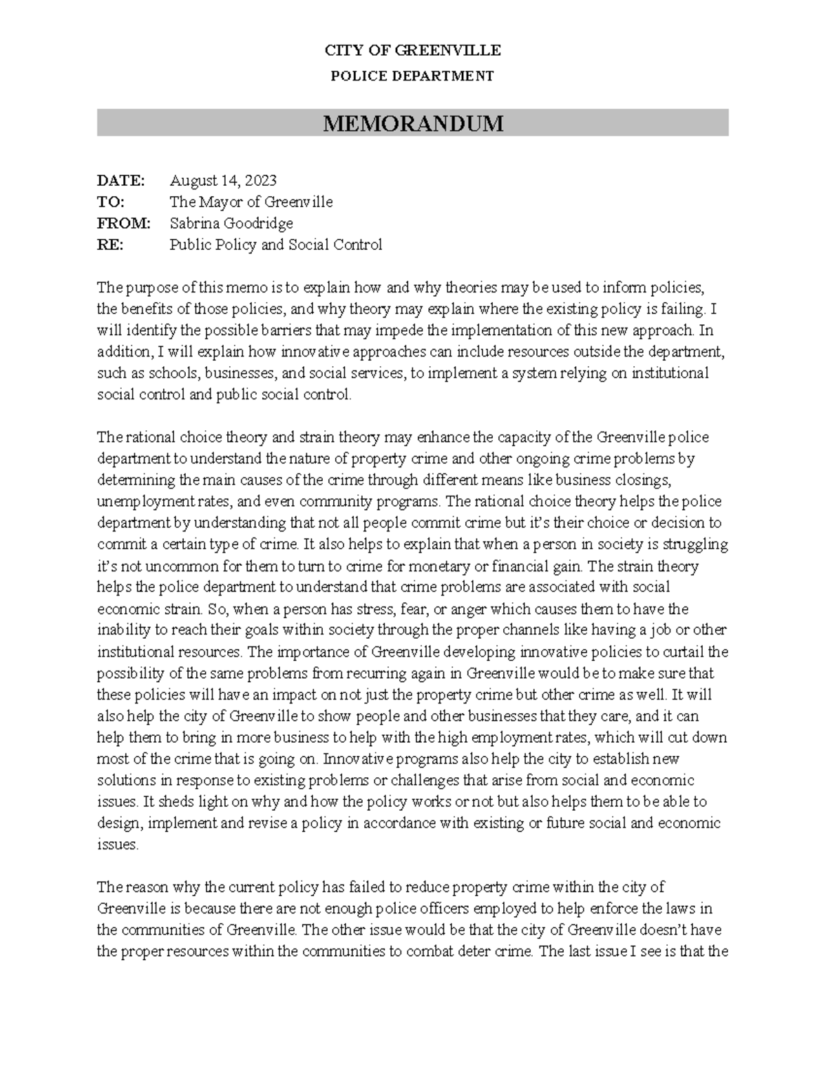 CJ 306 8-1 Project Three Memo Template - CITY OF GREENVILLE POLICE ...