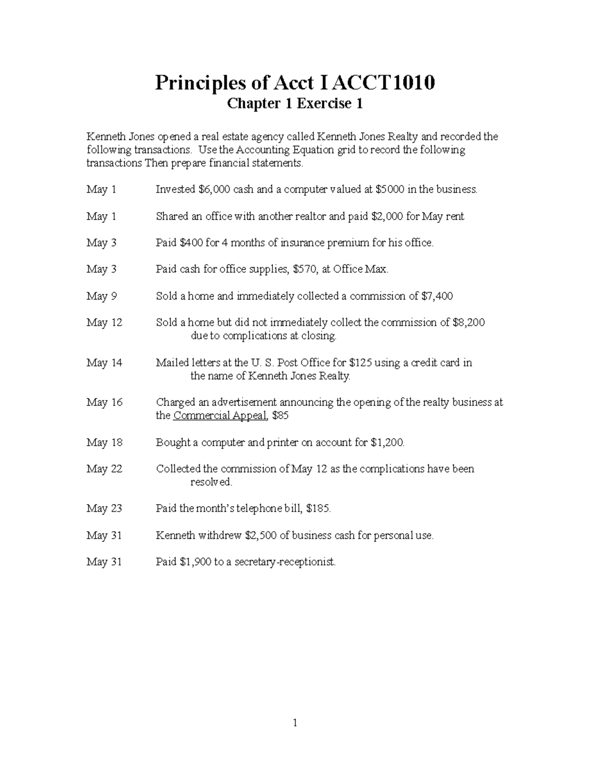 ACCT1010 Exercise 1 Kenneth Realty - Principles of Acct I ACCT Chapter ...