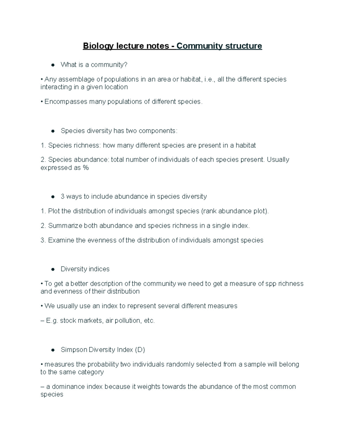 Biology lecture notes - Community structure - , all the different ...