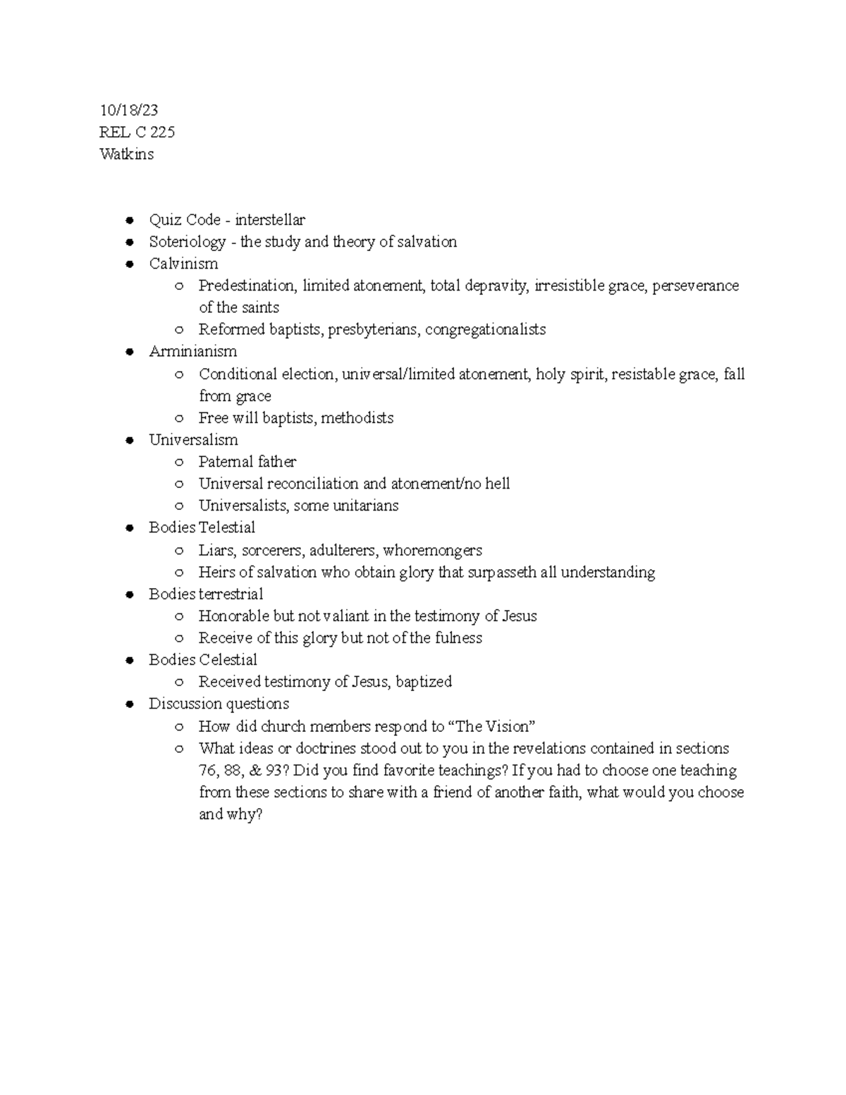 REL C 225 Lecture 10/18 - 10/18/ REL C 225 Watkins Quiz Code ...