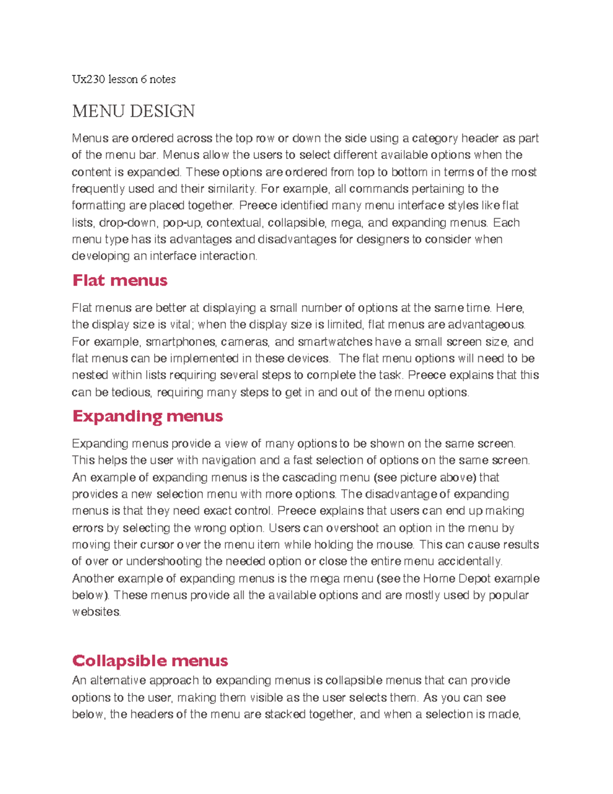 Ux230 lesson 6.3 Notes - Ux230 lesson 6 notes MENU DESIGN Menus are ...