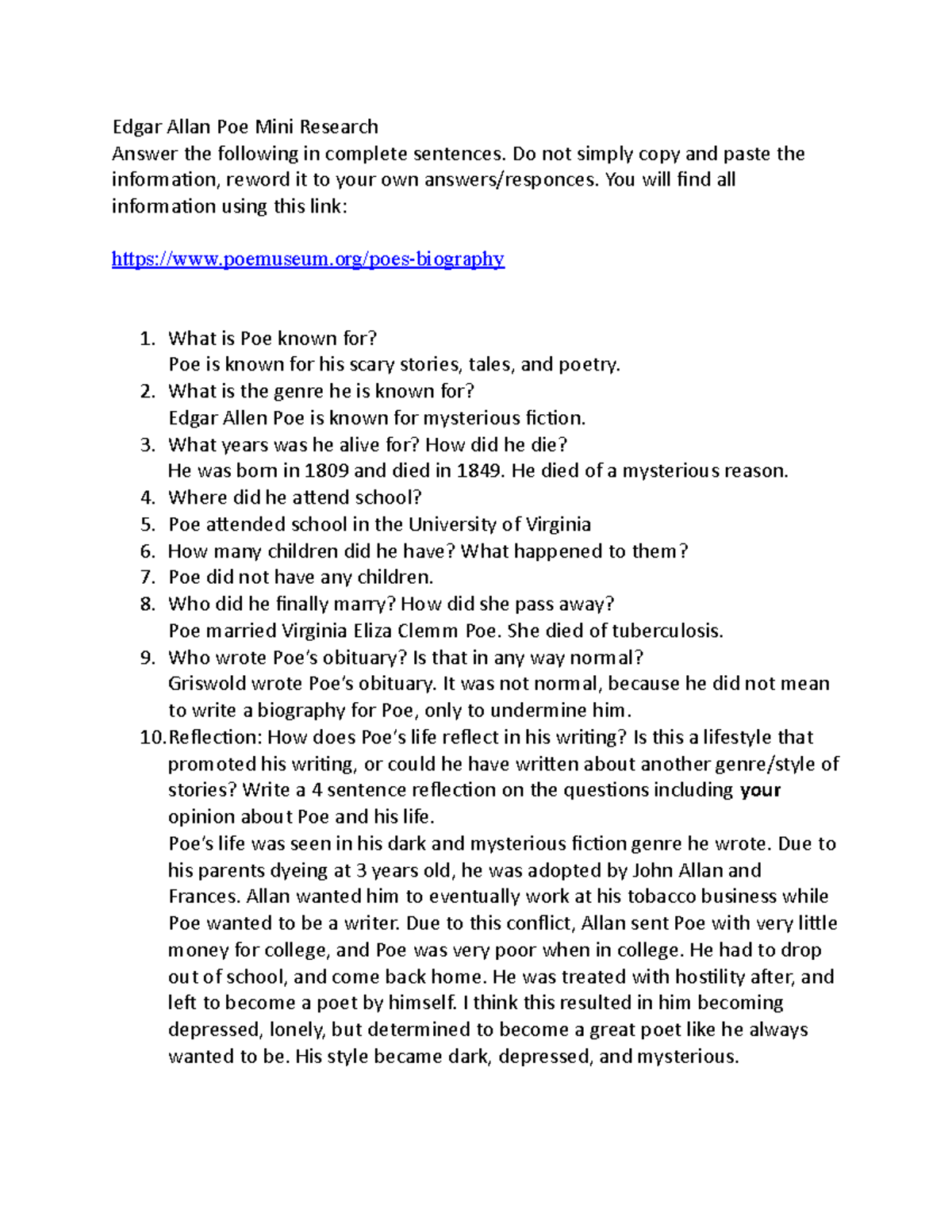 Edgar Allan Poe Mini Research - Edgar Allan Poe Mini Research Answer ...