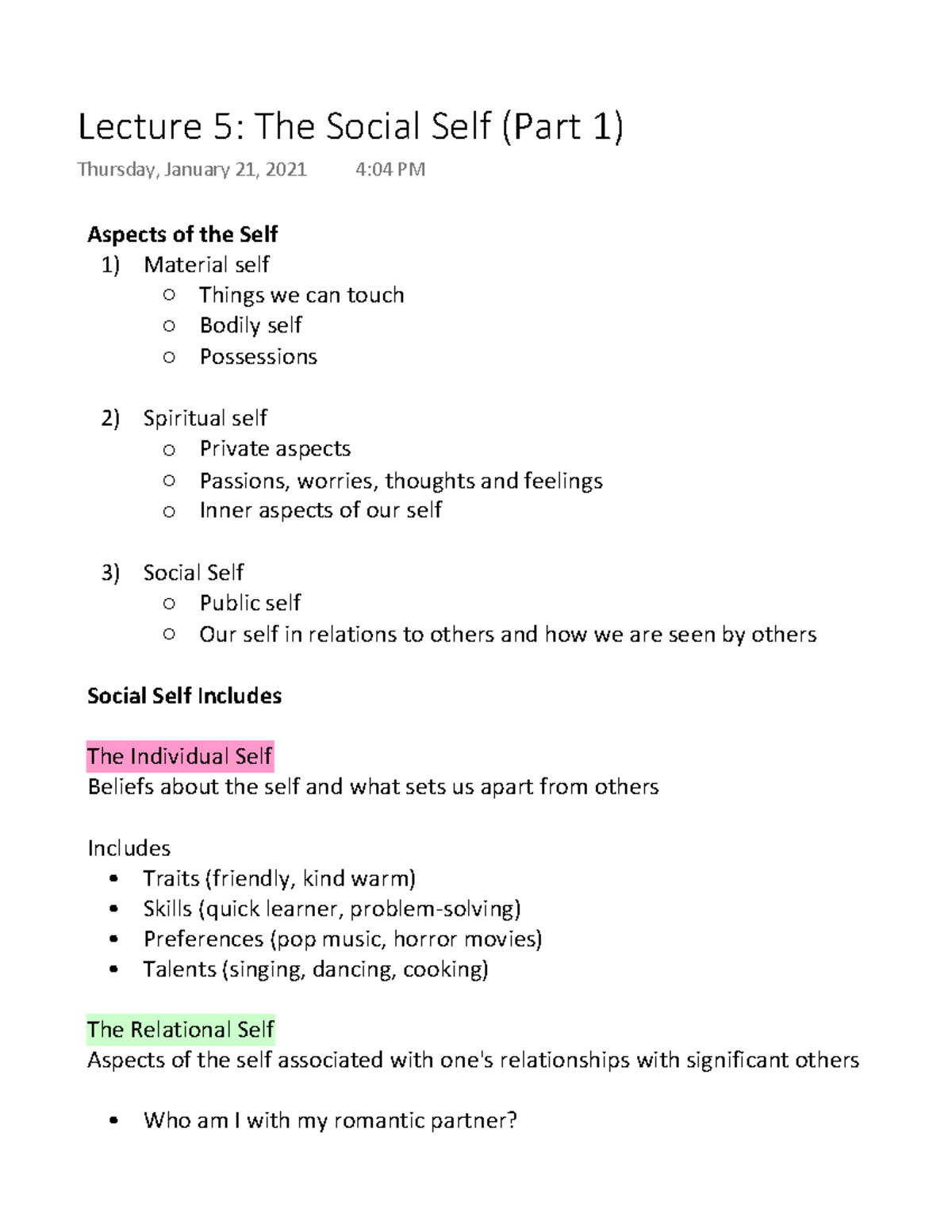 Lecture 5 The Social Self (Part 1) - Aspects of the Self Material self ...