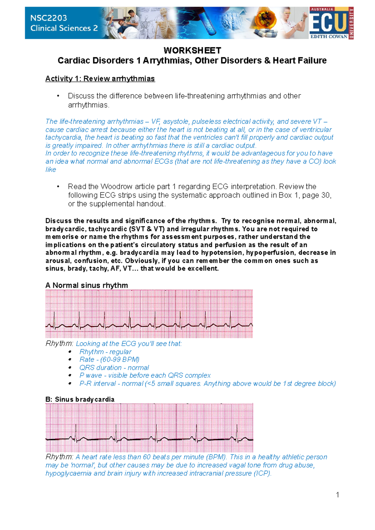 Week 2:3 Cardiac - WORKSHEET Cardiac Disorders 1 Arrythmias, Other ...