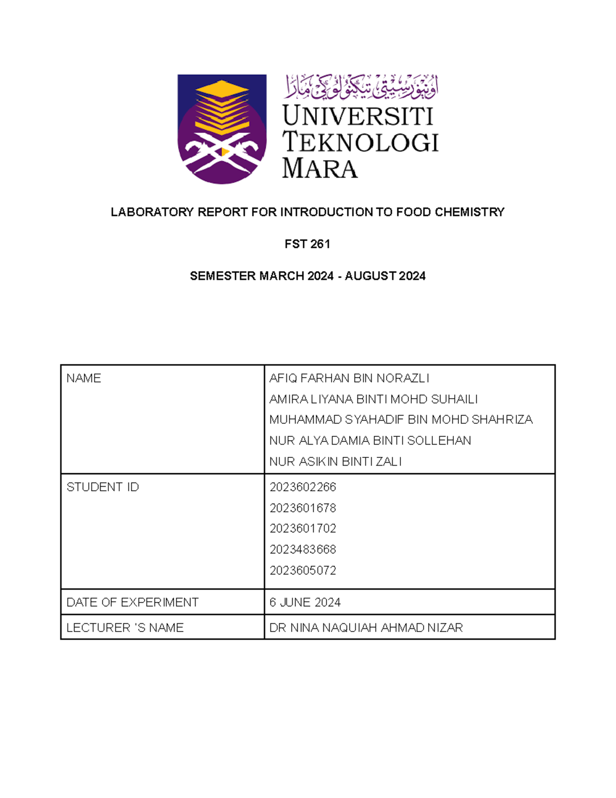 FST 261 LAB Report 8 - LAB 8 - LABORATORY REPORT FOR INTRODUCTION TO FOOD CHEMISTRY FST 261 ...