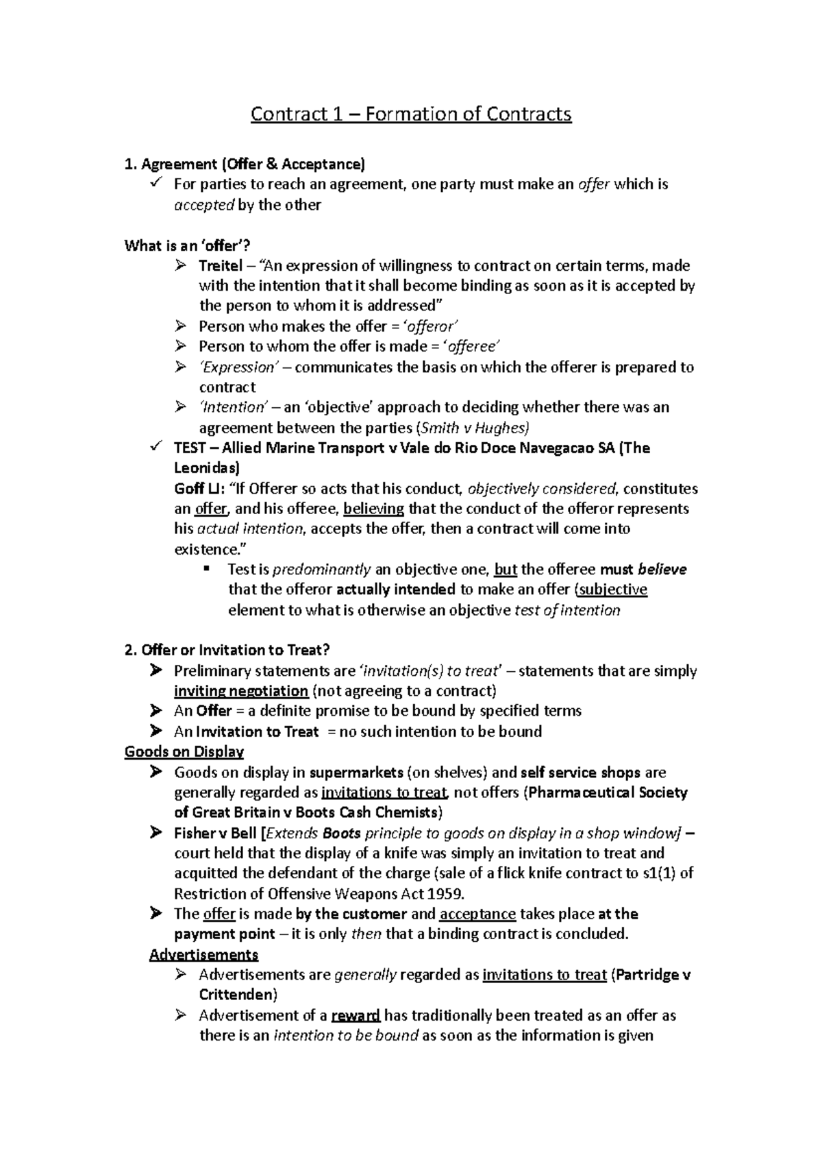 Contract 1 – Formation of Contracts - Contract 1 – Formation of Contracts Agreement (Offer ...