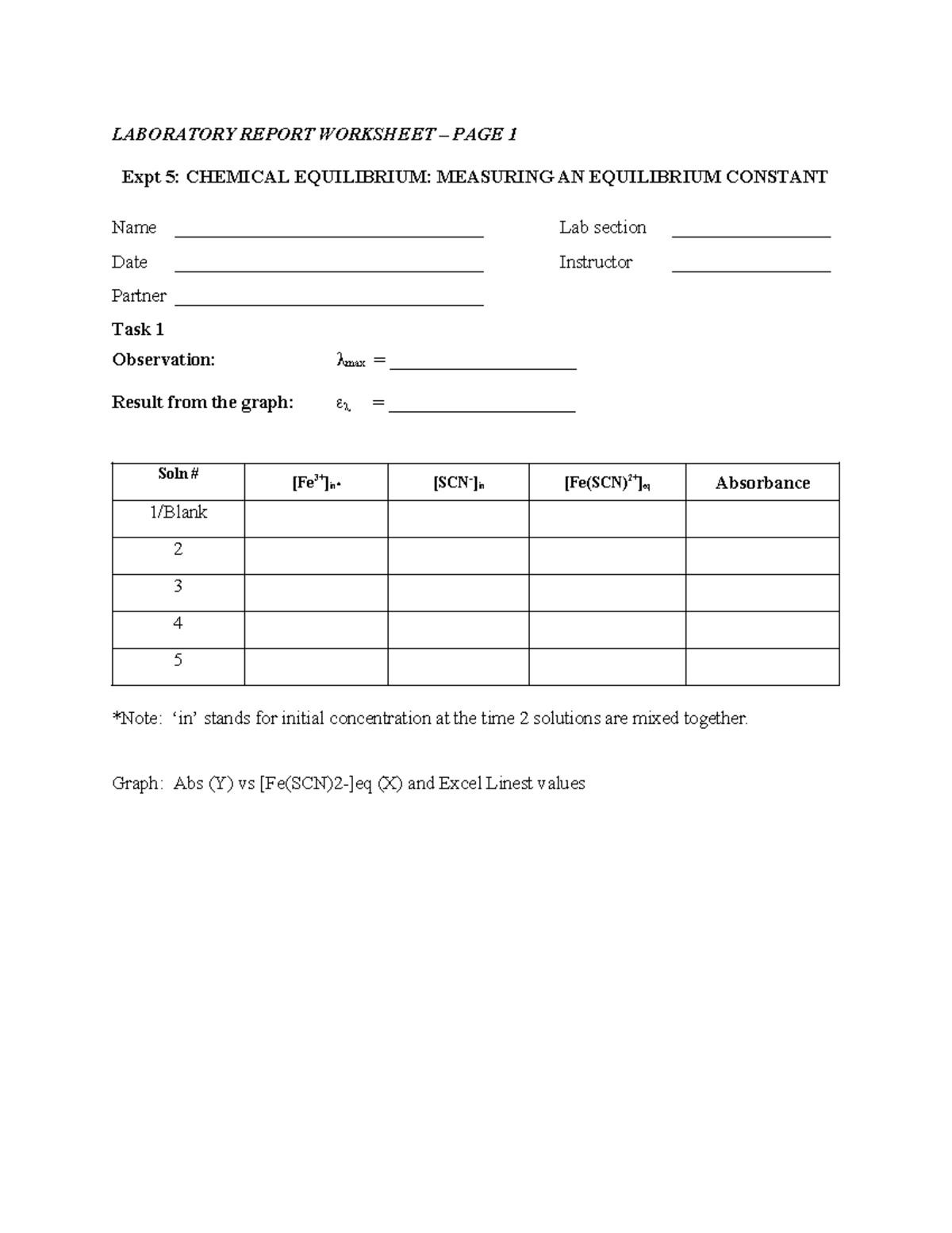 Chem 216 worksheet Expt 5 - LABORATORY REPORT WORKSHEET – PAGE 1 Expt 5 ...