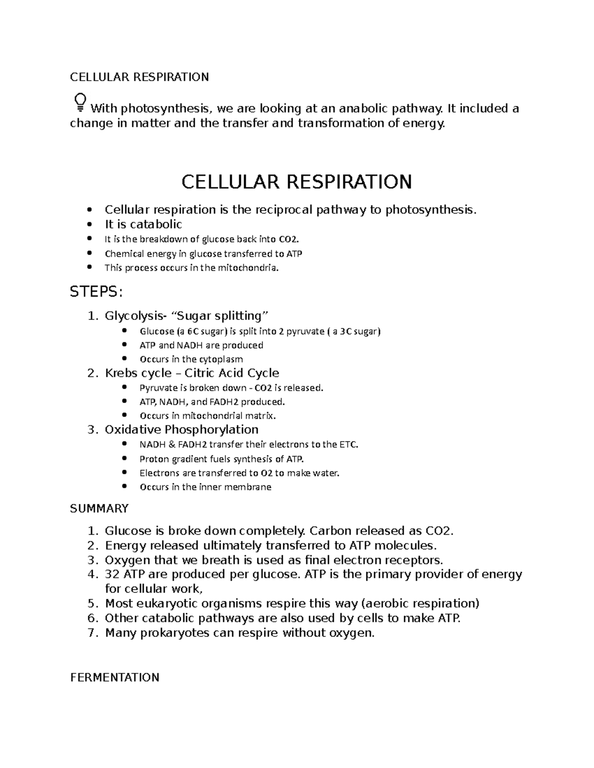 Cellular Respiration Lecture Notes Made From Powerpoint Slides Good