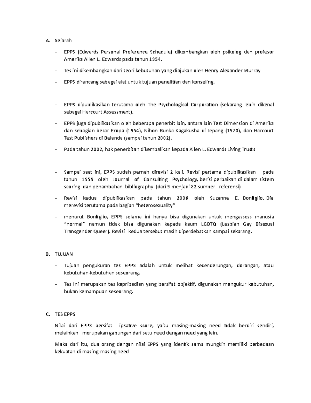 Materi 1 - psychology test - A. Sejarah EPPS (Edwards Personal ...