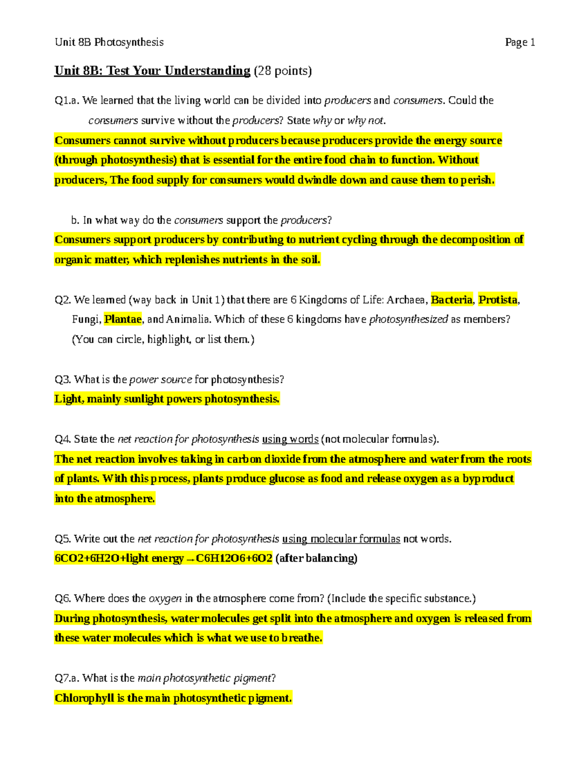 Assignment 8B Photosynthesis - Unit 8B: Test Your Understanding (28 ...