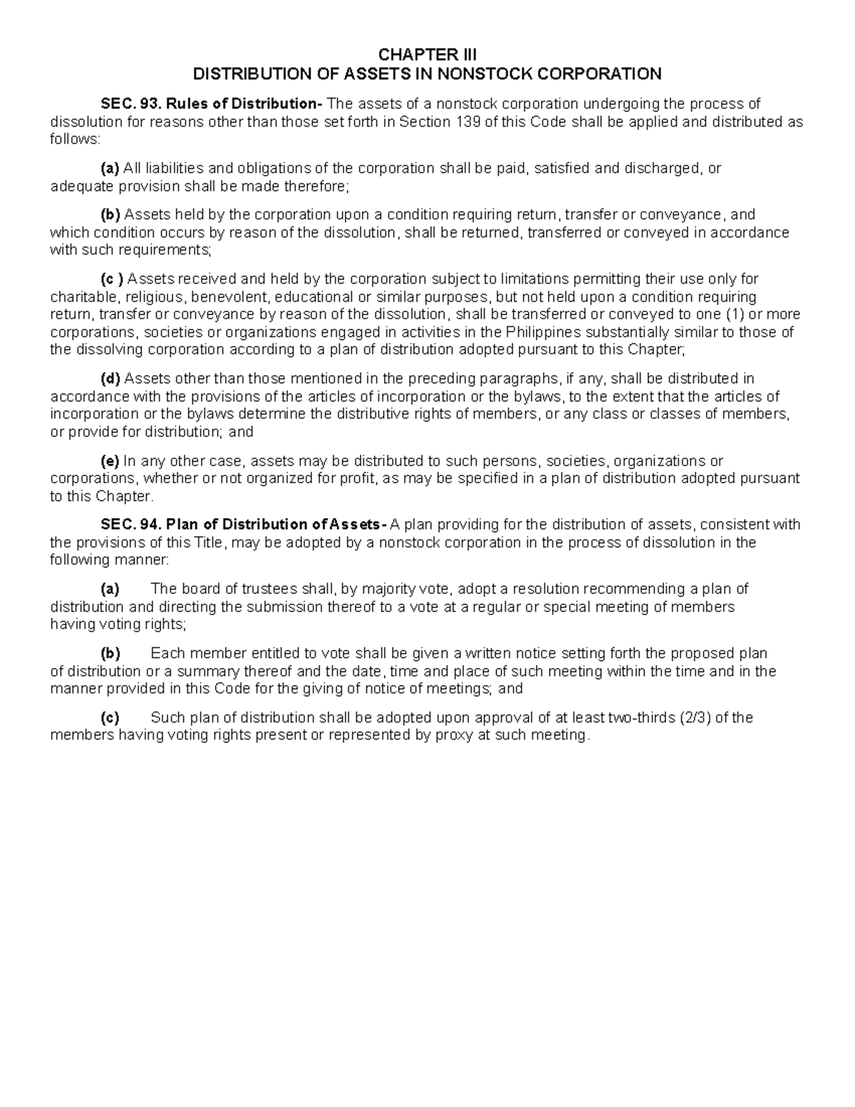 L1 - l1 notes - CHAPTER III DISTRIBUTION OF ASSETS IN NONSTOCK ...