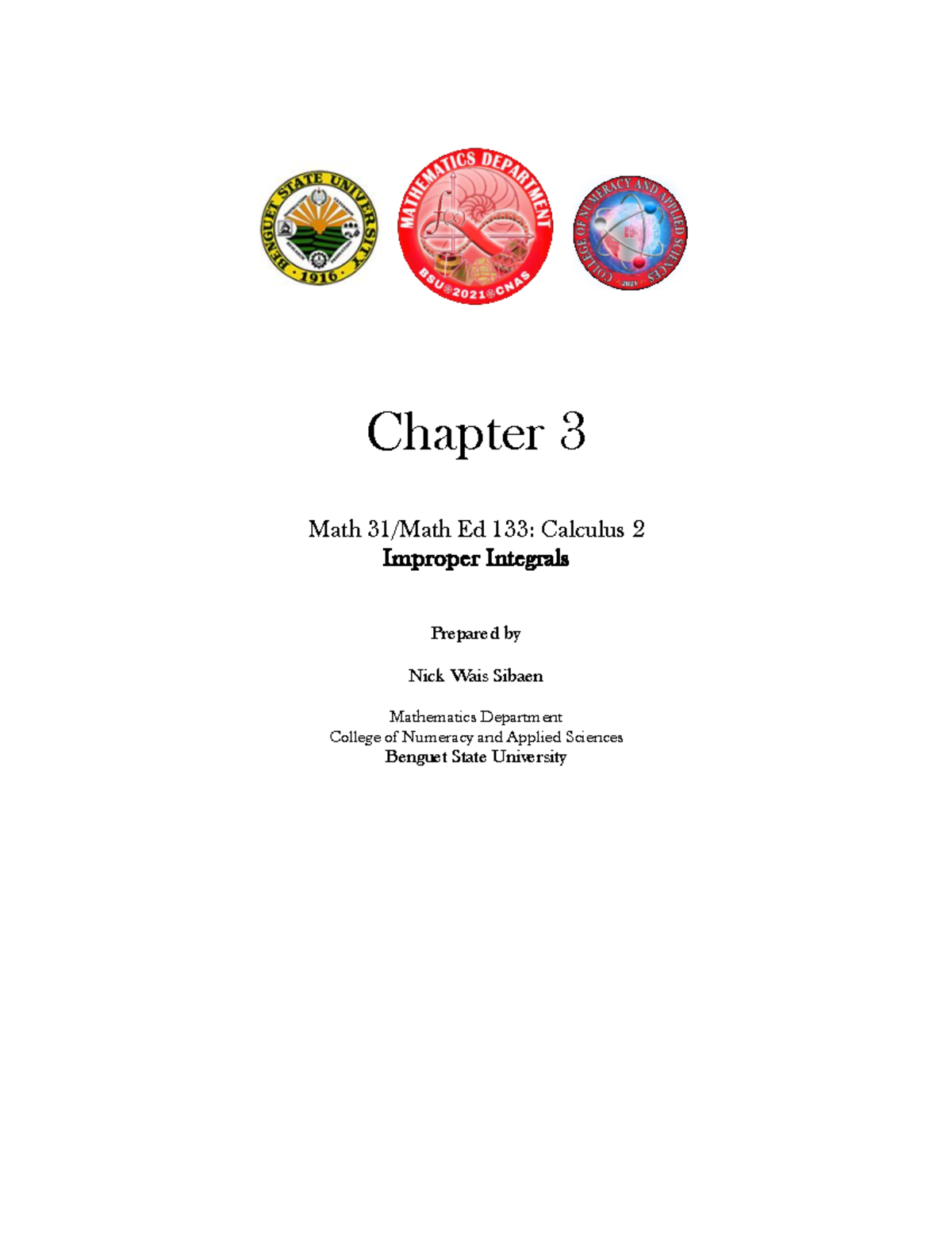 Chapter 3. Improper Integrals - Chapter 3 Math 31/Math Ed 133: Calculus ...