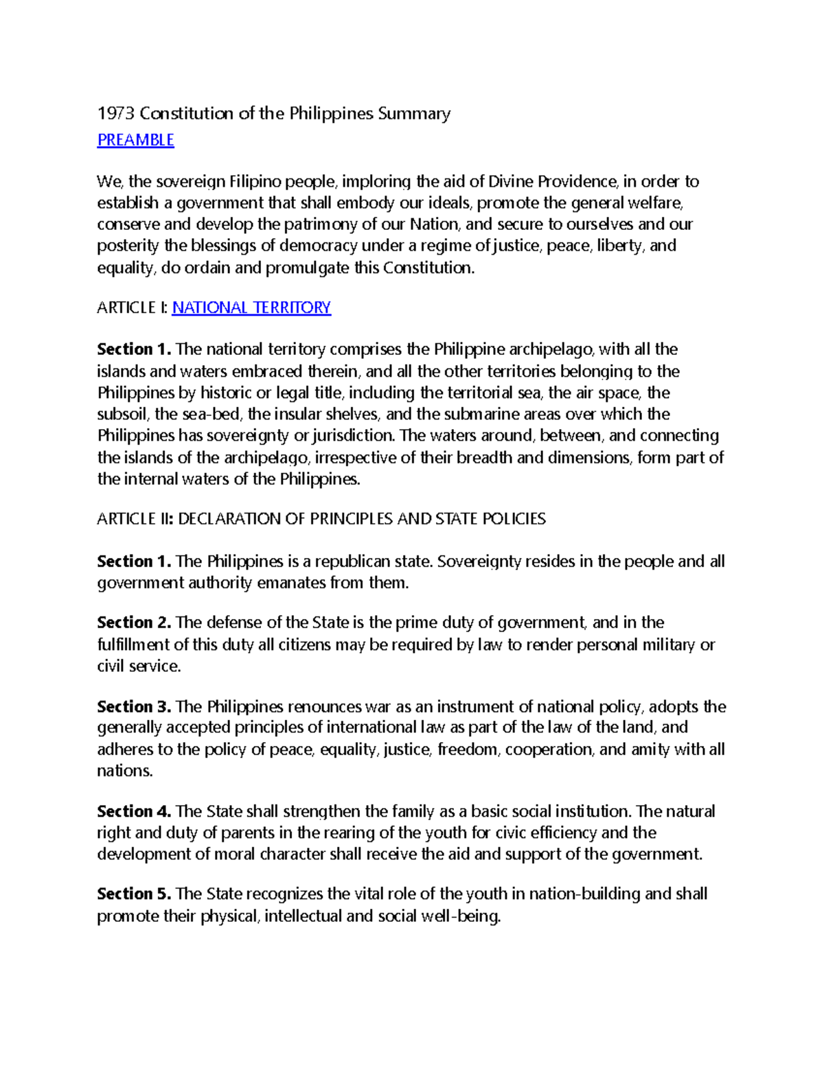 1973 - 1973 - 1973 Constitution of the Philippines Summary PREAMBLE We ...