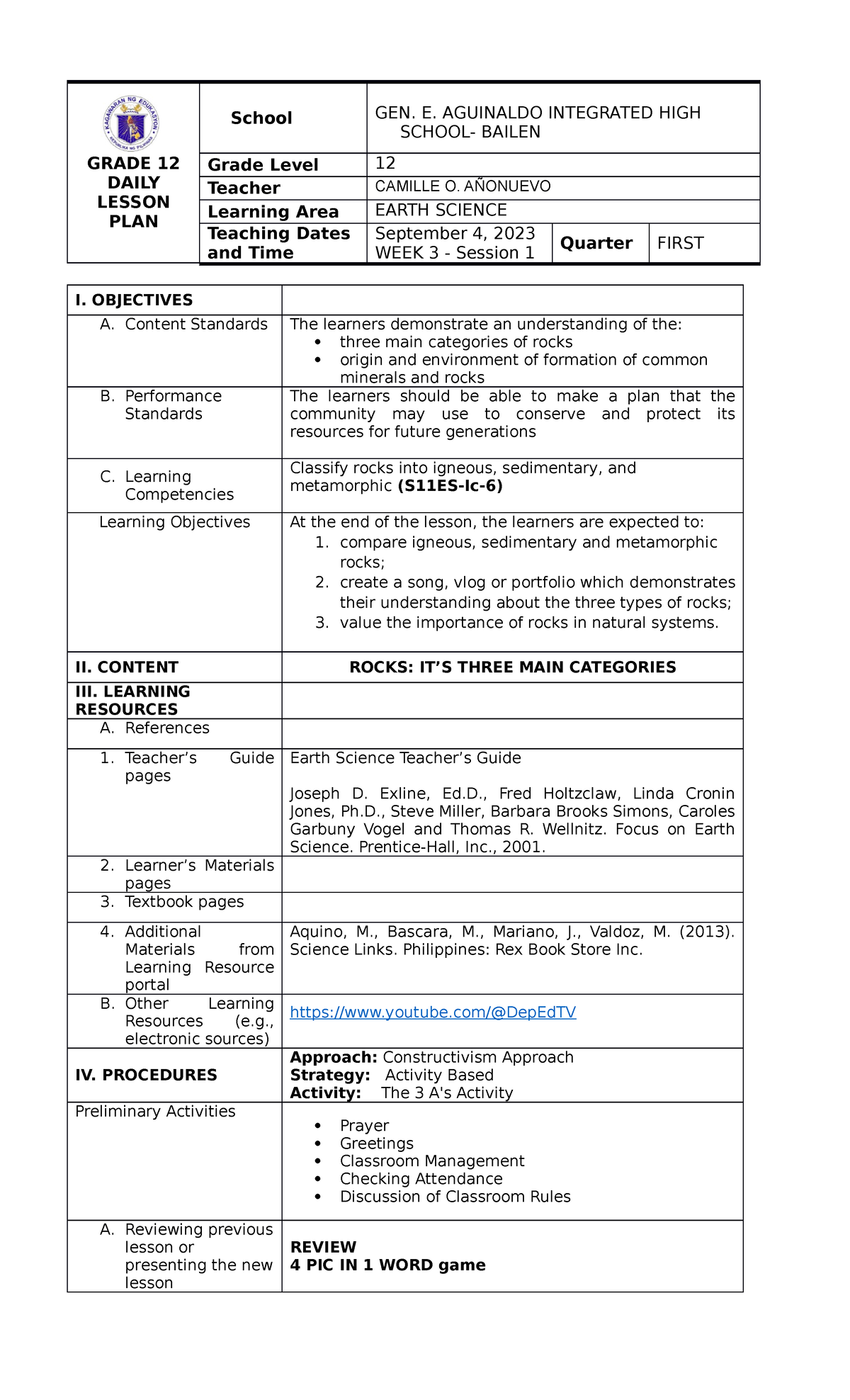 Earth Science-Q1-DLP-Week-3 - GRADE 12 DAILY LESSON PLAN School GEN. E ...