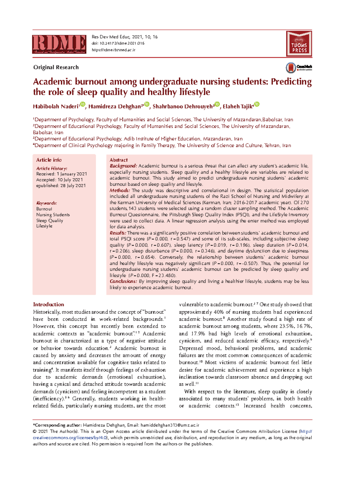 Rdme-10-16 - estudio descriptivo - Res Dev Med Educ, 2021, 10, 16 doi: 10.34172/rdme. rdme ...