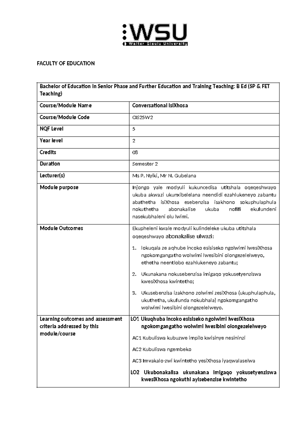 Module Descriptor Isi Xhosa Modules final 1 - FACULTY OF EDUCATION ...