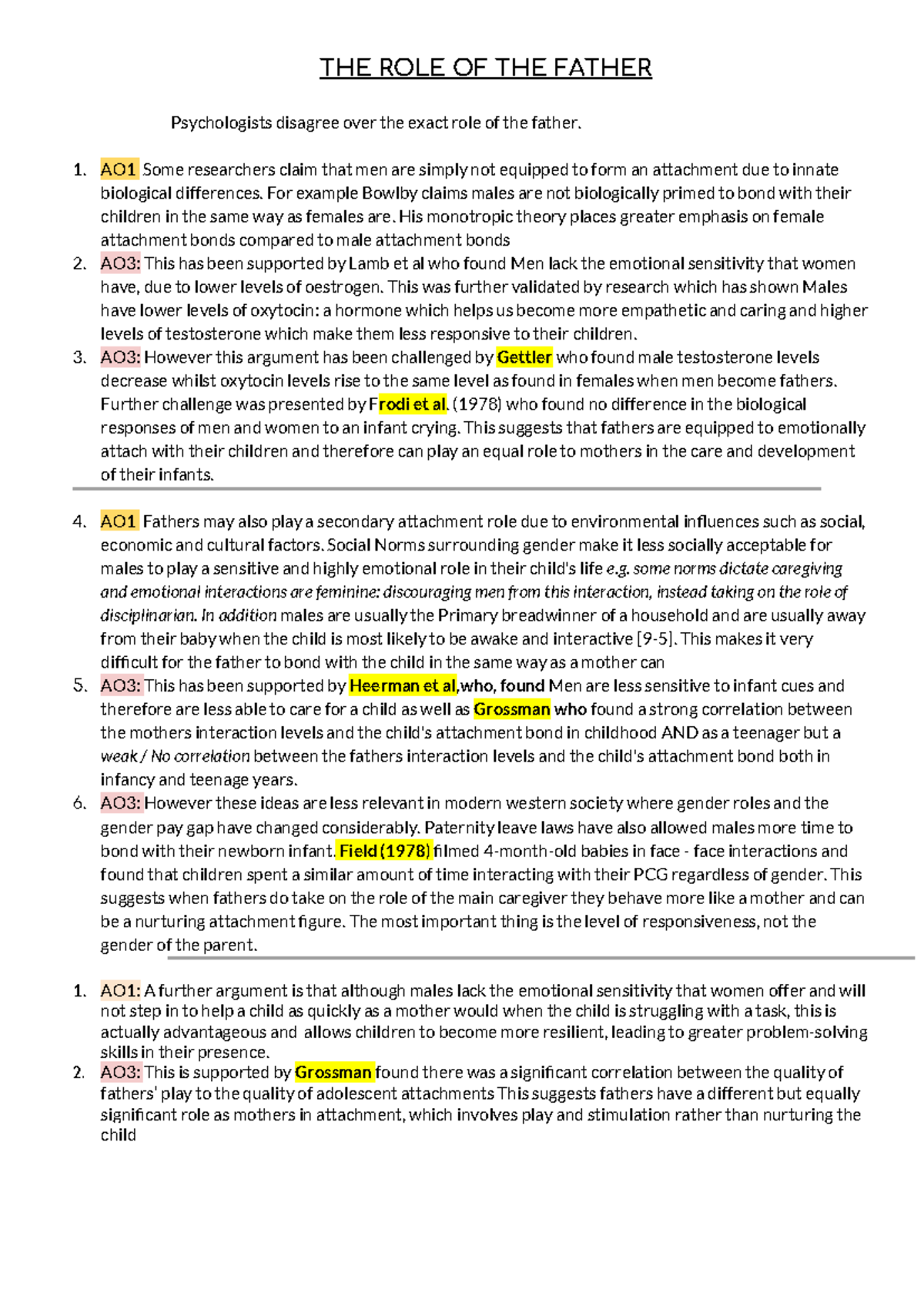 Role of the father Essay plan - THE ROLE OF THE FATHER Psychologists ...