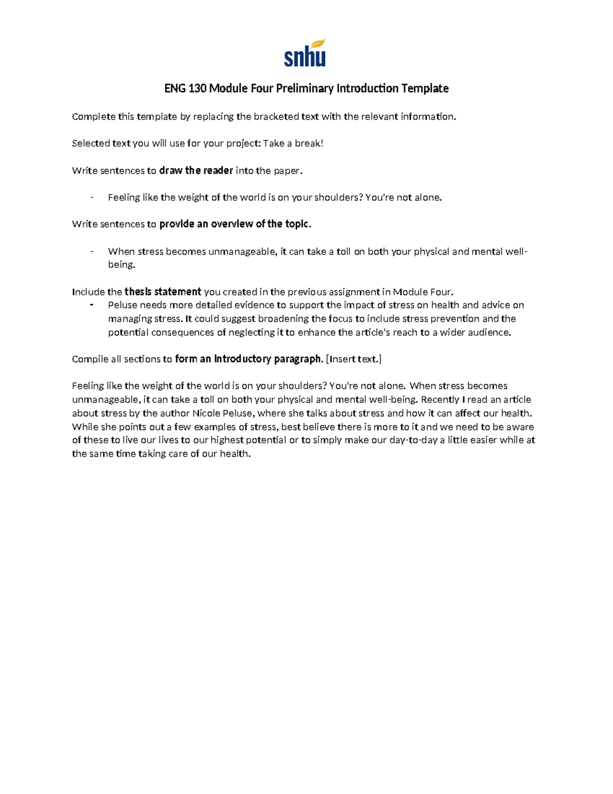 ENG 130 Module Four Preliminary Introduction Template - Selected text ...