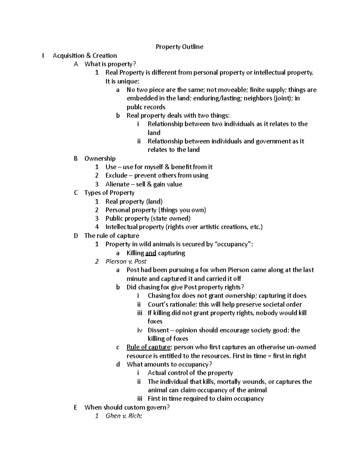 Property Law Outline - Lewis - Property Outline I Acquisition & Creation A What is property? 1 ...