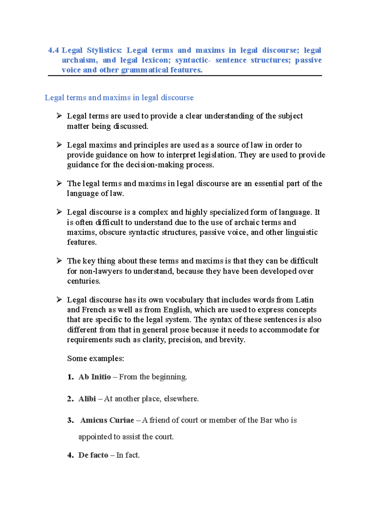 4.4 Legal Stylistics Legal terms and maxims in legal discourse - Legal ...