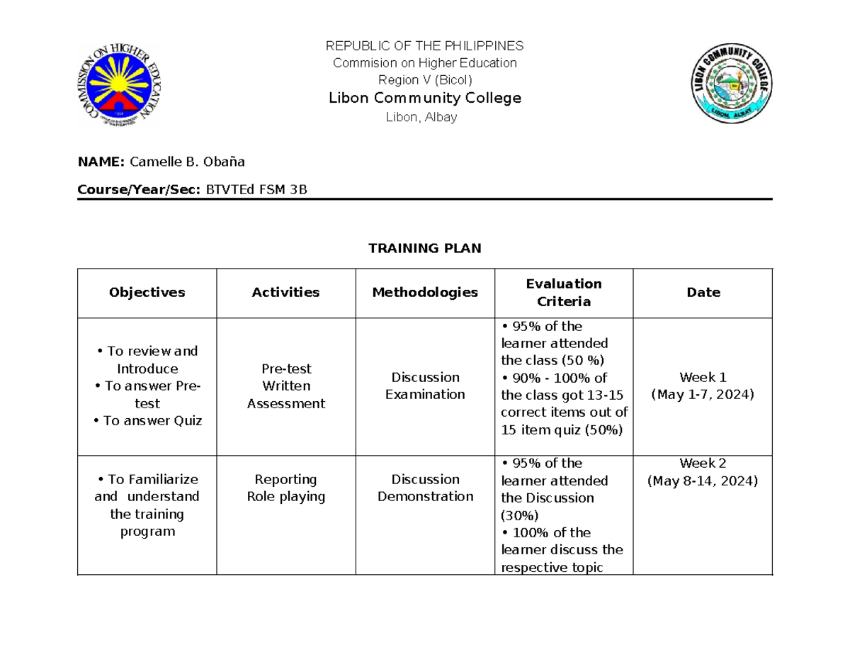 Camelle Obaña Training Plan - REPUBLIC OF THE PHILIPPINES Commision on ...