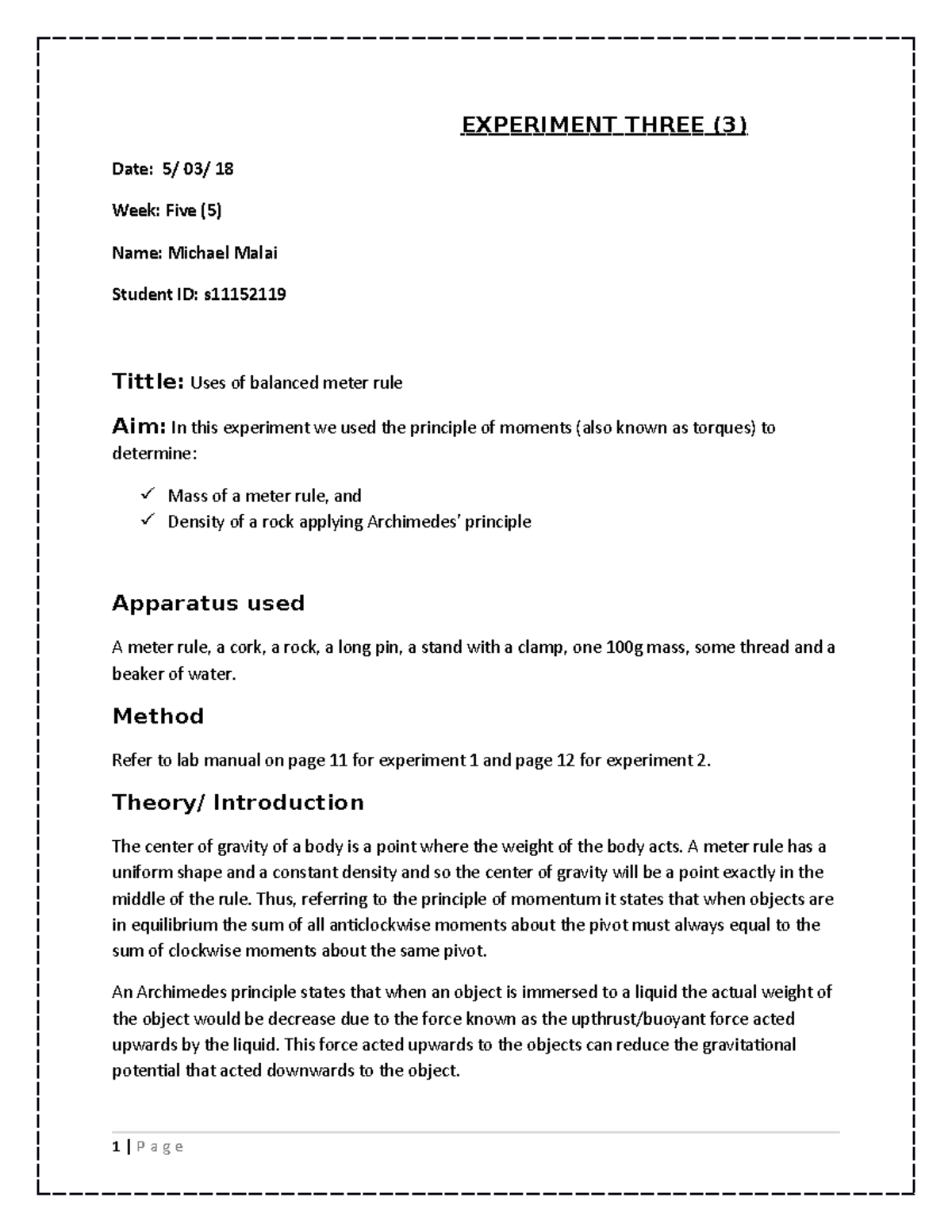 Docx - Tutorial Exercise - EXPERIMENT THREE (3) Date: 5/ 03/ 18 Week ...