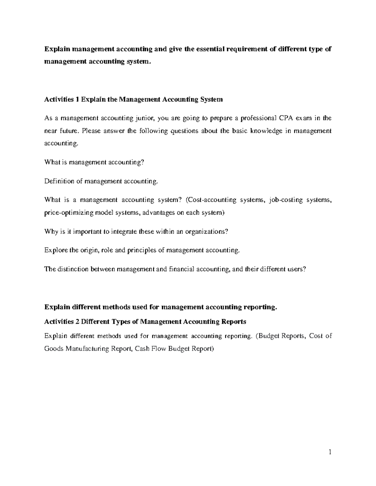 Mgmt Acct - BTEC Assignment - Explain management accounting and give the essential requirement ...