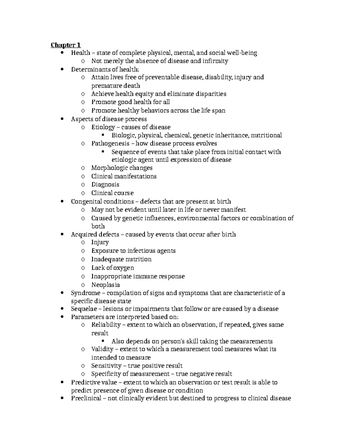 Pathophysiology notes - Chapter 1 Health – state of complete physical ...