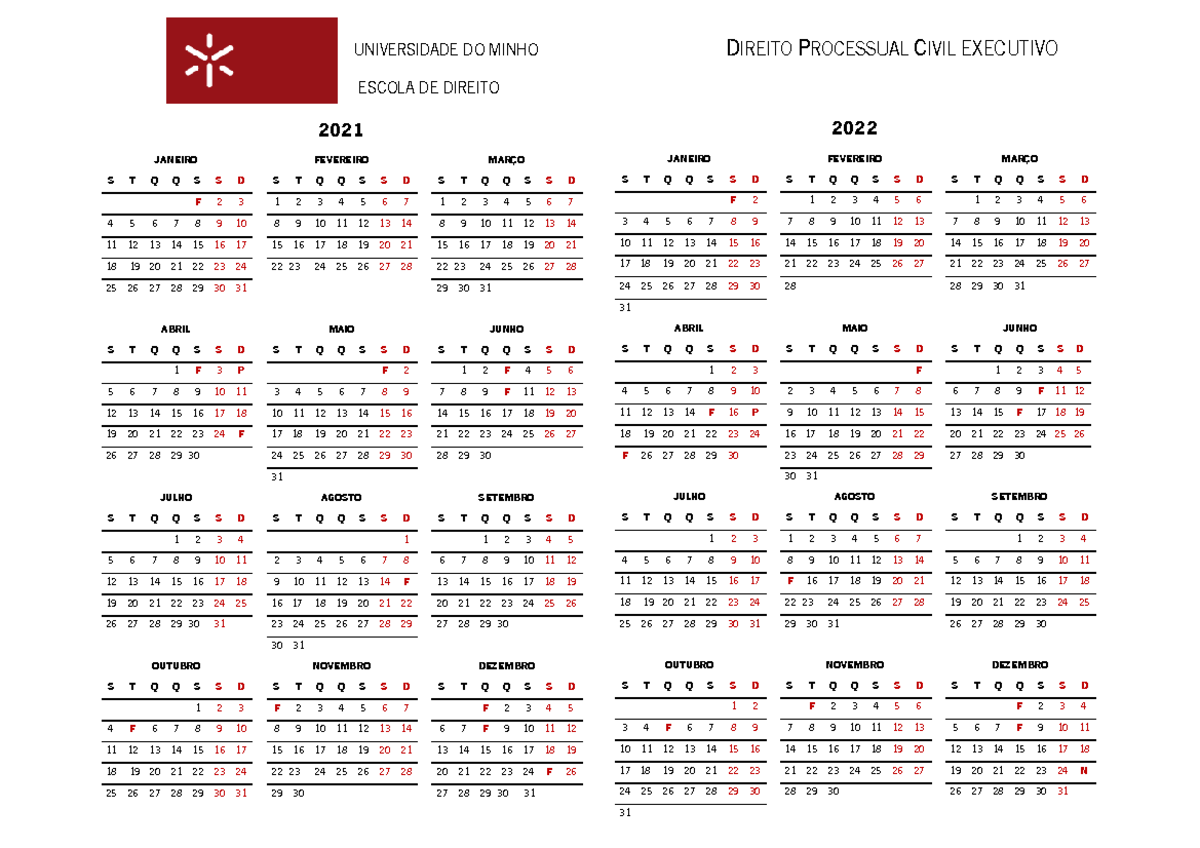 Calendário 2021-2022 DPCE - UNIVERSIDADE DO MINHO DIREITO PROCESSUAL ...