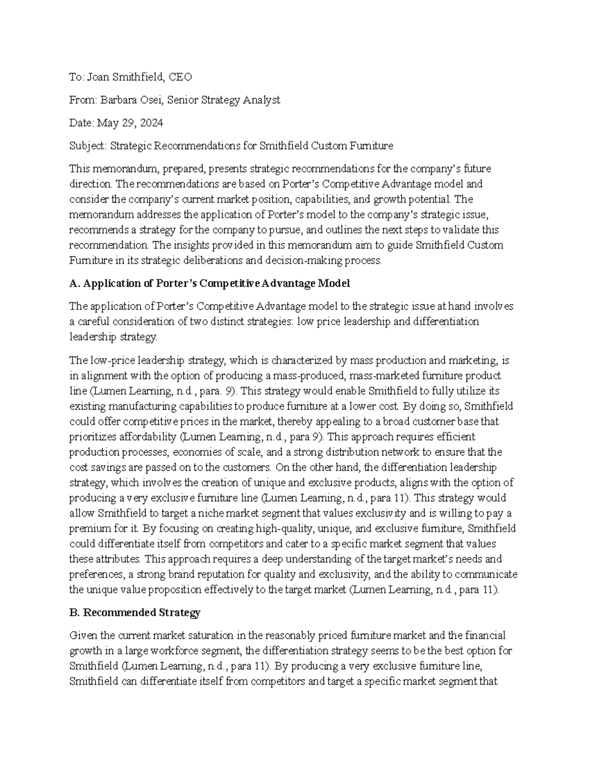 Bmgt week 3 - To: Joan Smithfield, CEO From: Barbara Osei, Senior Strategy Analyst Date: May 29 ...