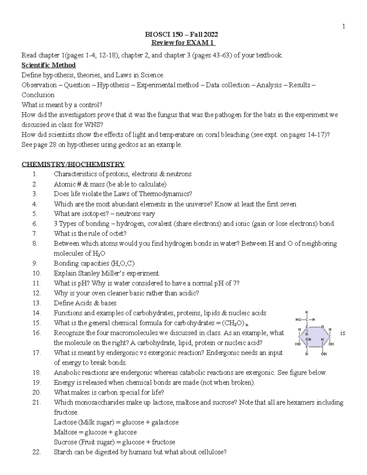150 EXAM I Review with sample questions Fall 2022 - BIOSCI 150 – Fall 2022 Review for EXAM 1 ...