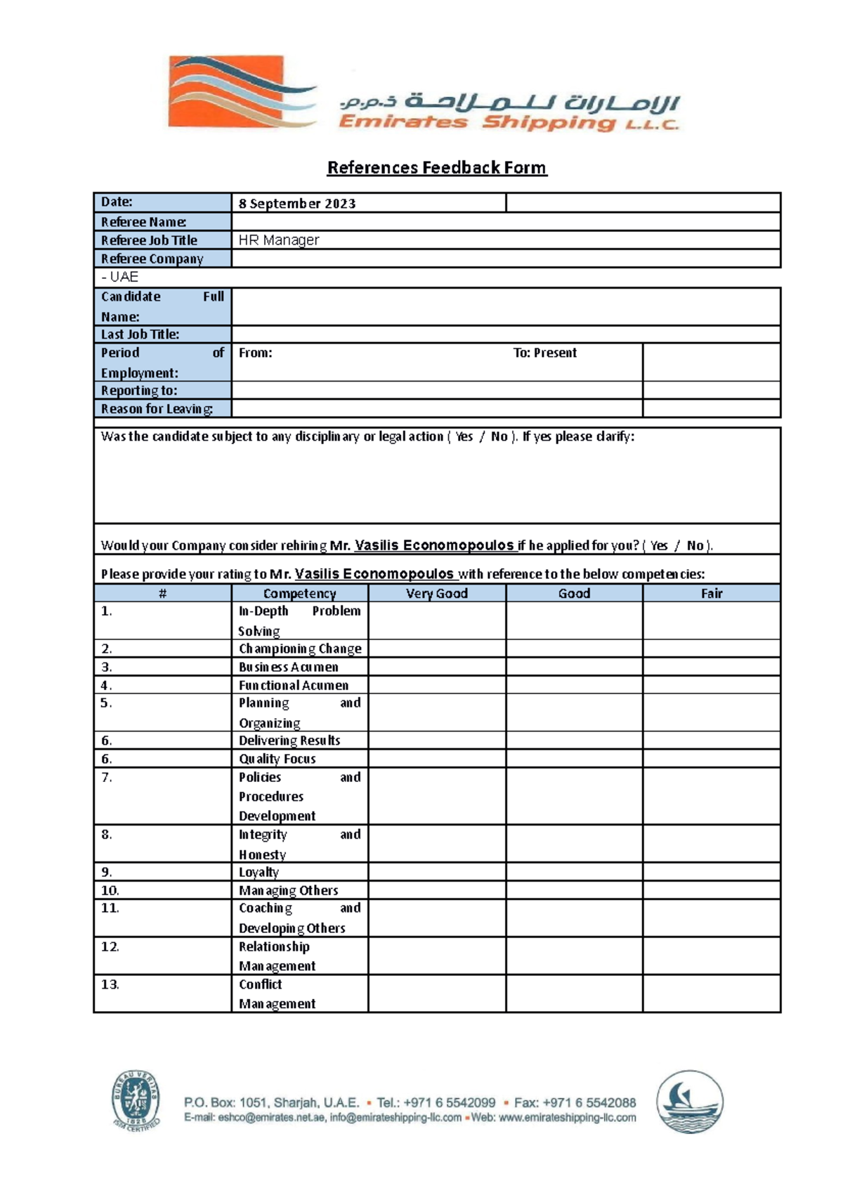 Reference Check Form - References Feedback Form Date: 8 September 2023 ...