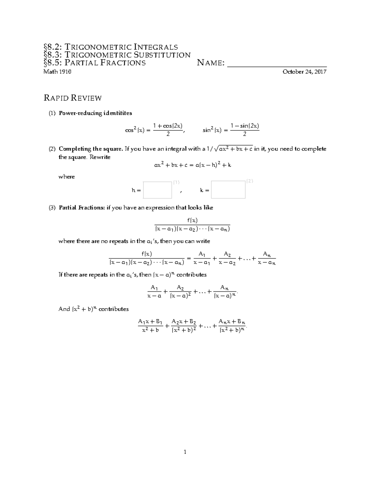 1910fa17-recitation 11 - §8: TRIGONOMETRIC INTEGRALS §8: TRIGONOMETRIC ...