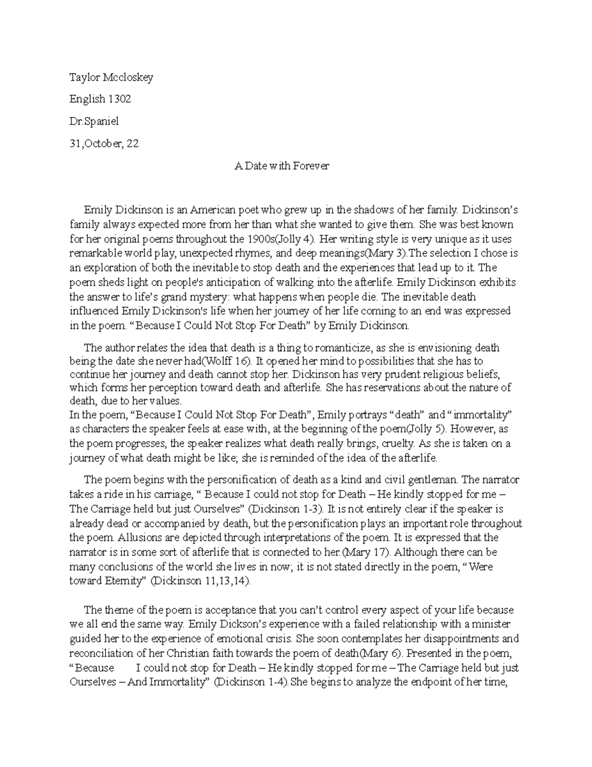 Mla essay final - Taylor Mccloskey English 1302 Dr 31,October, 22 A ...