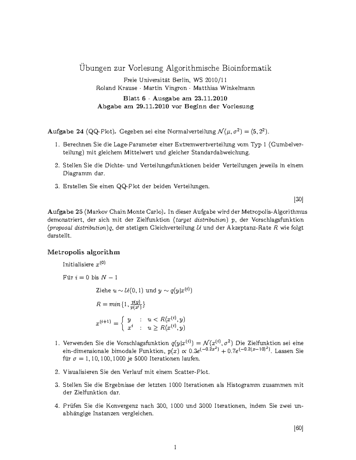 Algorithmische Bioinformatik - Übungen - u6 - Ubungen zur Vorlesung Algorithmische Bioinformatik ...