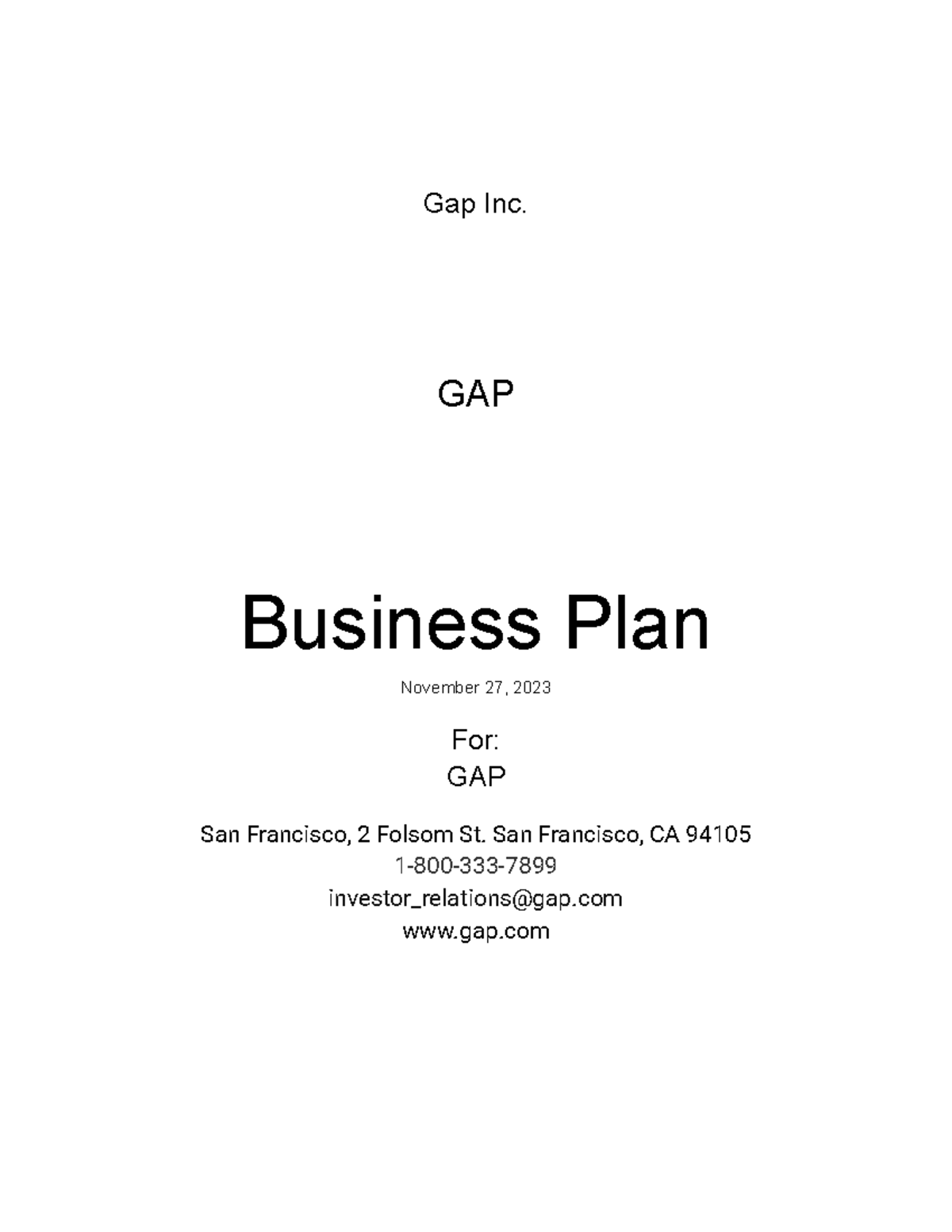 GAP written Proposal - Gap Inc. GAP Business Plan November 27, 2023 For ...